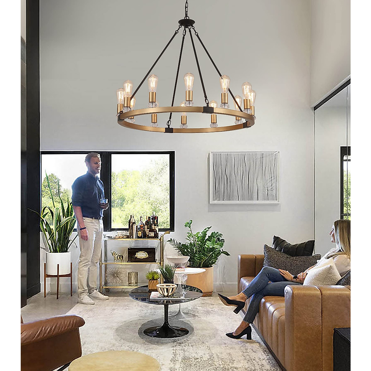 MEIXISUE Modern Farmhouse Wagon Wheel Chandeliers for Dining Room,Aged Brass Luxury Large High Ceiling Chandelier for Living room Kitchen Entryway Restaurant Office,W35.4 UL Listed