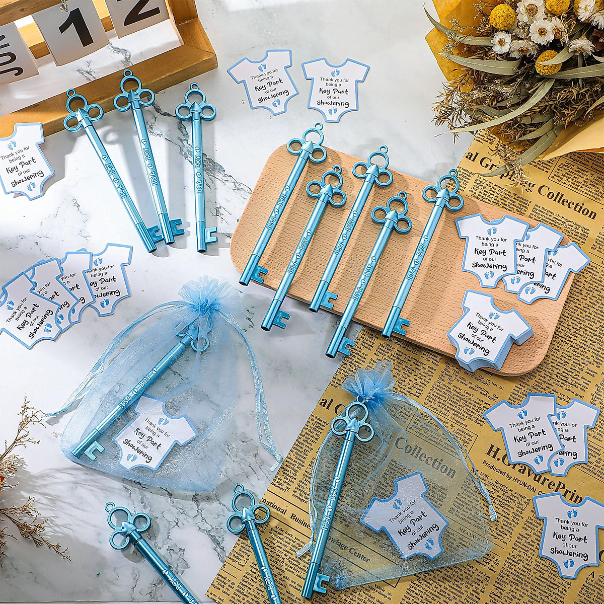 Geyoga 50 Sets Baby Shower Party Favors 50 Fancy Key Shape Pens It's a Girl/ Boy Key Gel Ink Pens 50 Thank You Cards Small Gift Cards 50 Organza Bags for Guests Gender Reveal Party Favors(Blue,Boy)