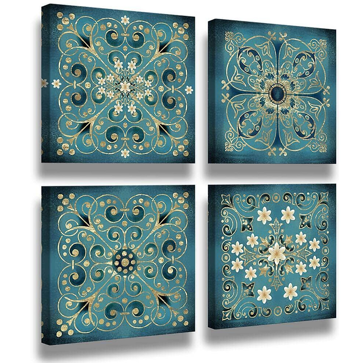 Bathroom art Bedroom decor Canvas wall art Floral pattern Print Bathroom abstract picture Teal bathroom accessories Wall decor Framed artwork Wall art hanging on Living room office 14"x14"x4 Panels