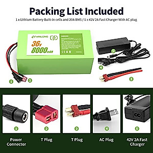 H HAILONG 36V 8Ah 288Wh Ebike Battery, Electric Bike Scooter Lithium Battery with Charger,2A Charger and BMS for 250W 350W 500W Motor(36v 8Ah)