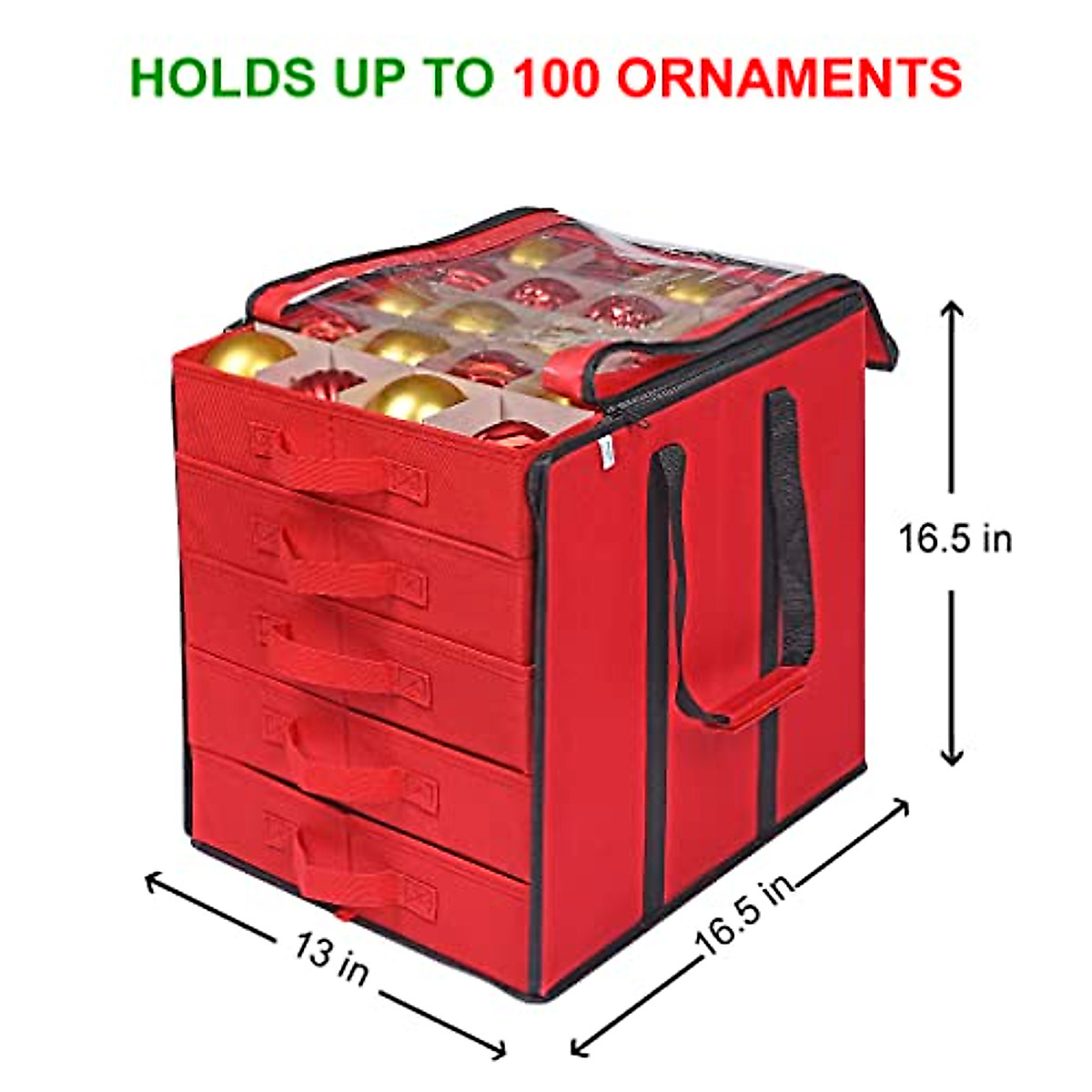 ProPik Christmas Ornament Storage Boxes with Dividers - 5 Separate Trays - Ornament Holder - Keeps 100 Holiday Ornaments - Durable Carrying Bag Handles Organizer Storage Box (Red)