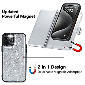 Varikke for iPhone 15 Pro Wallet Case, Detachable iPhone 15 Pro Case Magnetic Wallet for Women with Card Holder & Kickstand, Glitter PU Leather Wrist Strap Phone Cases for iPhone 15 Pro 6.1", Silver