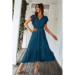 PRETTYGARDEN Women's 2023 Floral Boho Dress Wrap V Neck Short Sleeve Belted Ruffle Hem A-Line Flowy Maxi Dresses (Solid Lake Blue,X-Large)