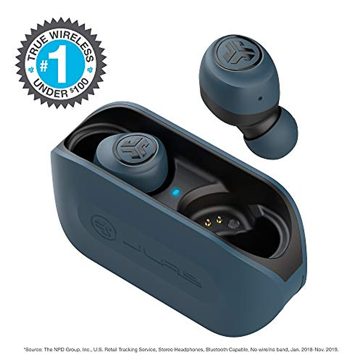 JLab Go Air True Wireless Bluetooth Earbuds + Charging Case | Dual Connect | IP44 Sweat Resistance | Bluetooth 5.0 Connection | 3 EQ Sound Settings Signature, Balanced, Bass Boost… (Blue)
