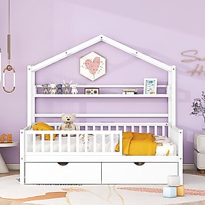 DEINPPA Full House Bed with Drawers, Kids Bed with Shelf and Fence Guardrails, Wood Bed Frame with Decorative Roof Designs, No Box Spring Needed, for Boys Girls Toddler Kids-White
