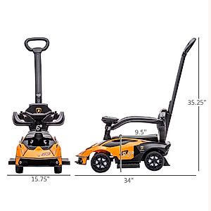 Aosom 2-in-1 Ride On Push Car for Toddlers 1-3, Licensed Lamborghini Stroller Sliding Car, Push-Along with Under Seat Storage Horn Engine Sound and Steering Wheel, Manual, Orange