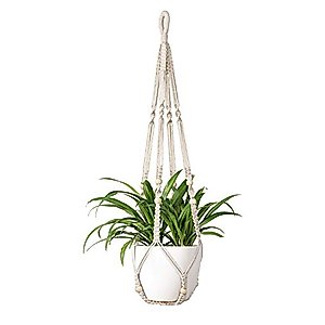 Mkono Macrame Plant Hanger Indoor Hanging Planter Basket with Wood Beads Decorative Flower Pot Holder No Tassels for Indoor Outdoor Boho Home Decor 35 Inch, Ivory (POTS NOT Included)