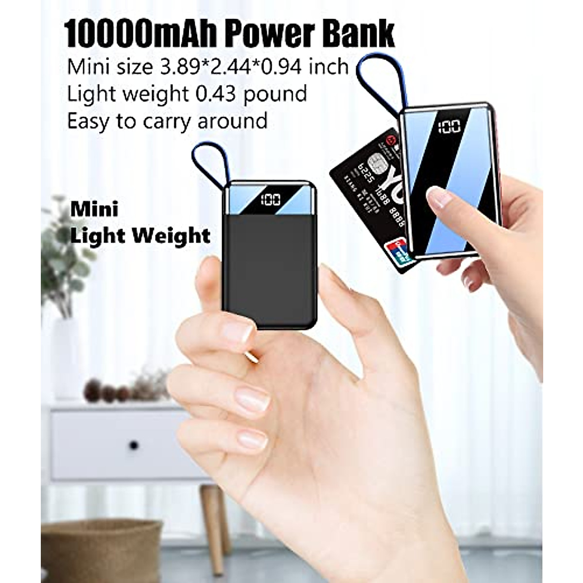 KOMPSEN Mini Power Bank Built in 4 Cables The lightest 10000 mAh Portable Charger Compatible with Mobile Phone iPhone,Android,iPad Devices External Battery Packs Red