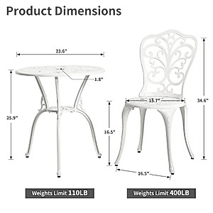 HOMEFUN Bistro Table and Chairs Set of 2 Outdoor -3 Piece Outdoor Patio Set, Butterfly Pattern Cast Aluminum Patio Bistro Set for Garden Balcony, Durable Rust All - Weather Resistance (White)