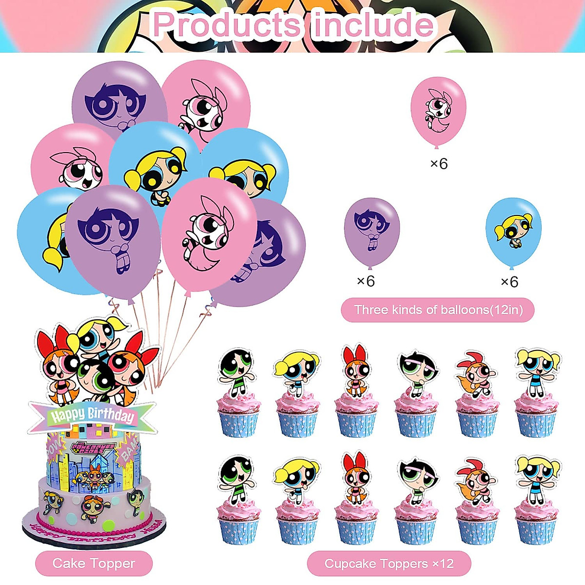 Powerpuff Girls Birthday Party Decoration, Powerpuff Girls Include Kawaii Cartoon Theme Birthday Banner, Cake Topper, Latex Balloons for Kids Birthday Party Supplies, Baby Shower