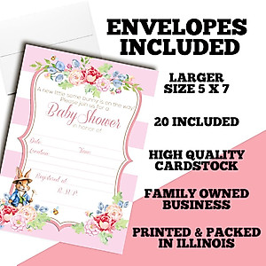 Amanda Creation Little Bunny Rabbit Baby Shower Invites for Girls, 20 5x7 Double Sided Fill In Pink Bunny Invitations with Twenty White Envelopes Floral Cards It’s A Girl
