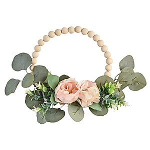 LPAYOK Artificial Peony Flower Wreath, Wood Bead Floral Eucalyptus Wreath for Front Door, Spring Flowers Garland Farmhouse Hoop Wreaths for Wall Window Indoors Home Decoration, Green, 35cm/13.65in