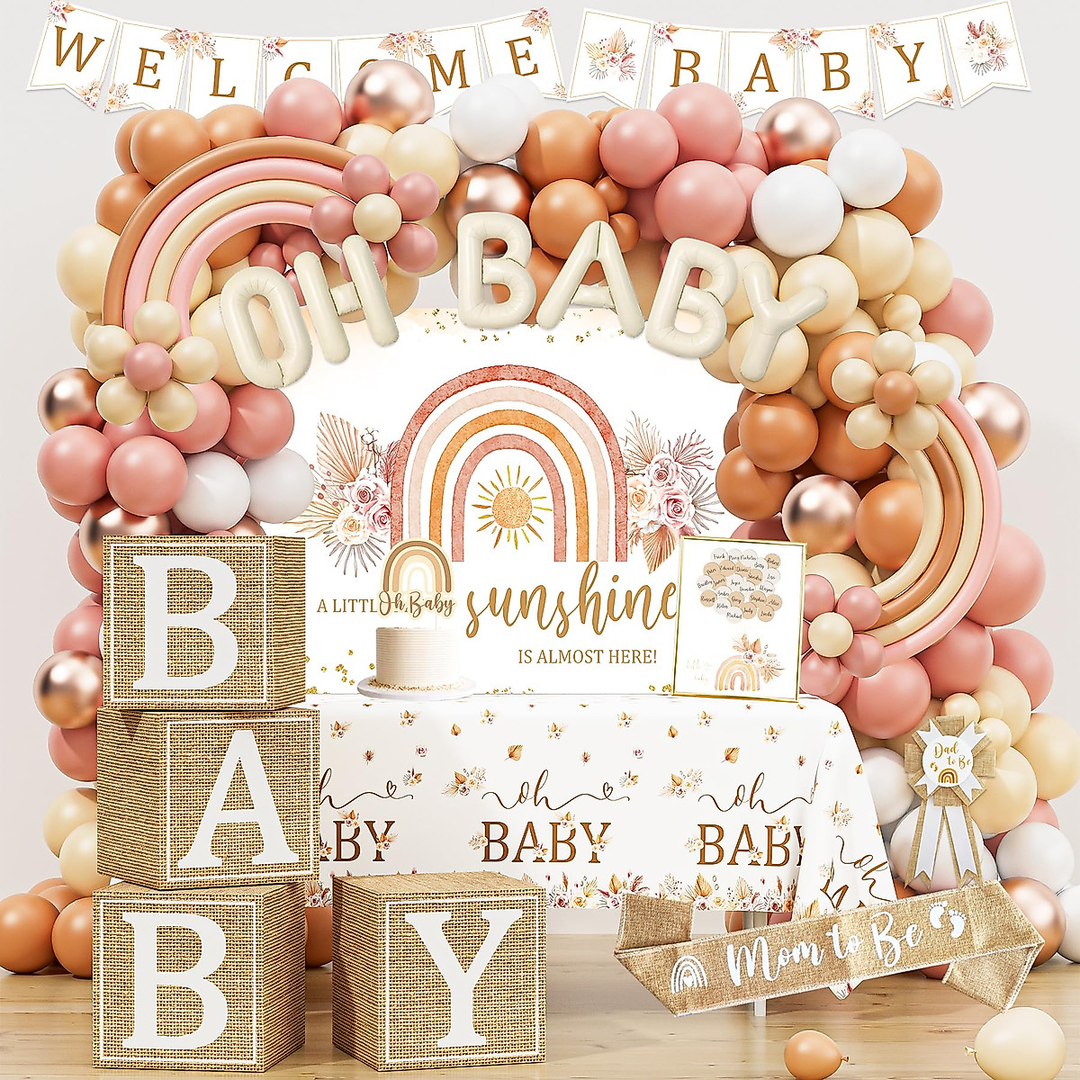 Boho Baby Shower Decorations, Boho Rainbow Baby Shower Party Supplies, A Little Ray of Sunshine is Almost Here, It’s a Girl Gender Reveal, Baby Shower Backdrop Balloon Arch Boxes Mom to Be Sash