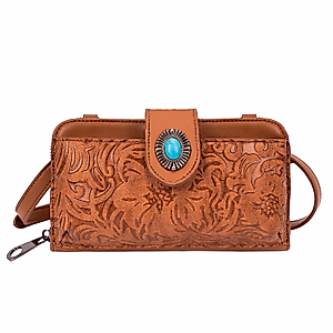 LAVAWA Women's Crossbody Handbag Small Vintage, Ladies Wallet Western Adjustable Phone Purse Clutch Turquoise Concho Embossed