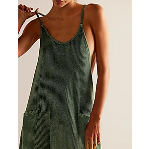 morhuduck Women's Sleeveless Jumpsuits Casual Waffle Knit Rompers V Neck Loose Overalls Spaghetti Strap One Piece Jumpsuits with Pockets,Green S