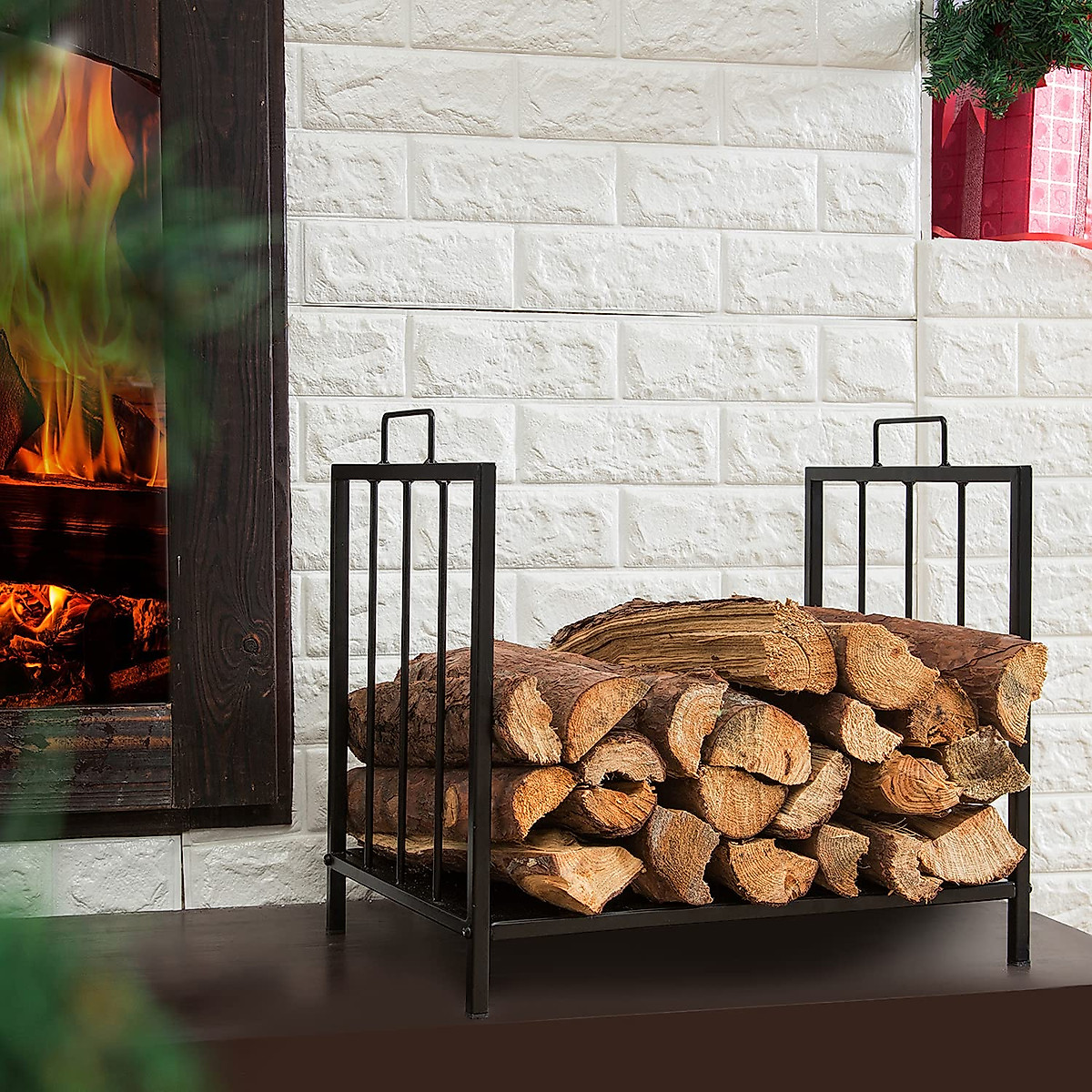 MyGift Compact Firewood Rack, Black Metal Fireplace Wood Log or Kindling Holder Organizer