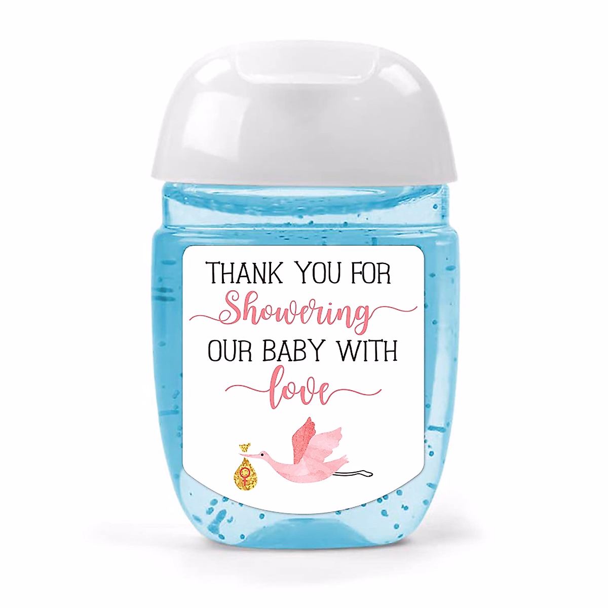 Hand Sanitizer Labels Thank You for Showering Our Little One with Love Stickers, Baby Shower Favor Stickers, Baby Shower Party Favors for Girl.