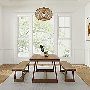 Plank+Beam Farmhouse Dining Table Set, Solid Wood Dining Table with 2 Benches for Dining Room/Kitchen, Pecan Wirebrush