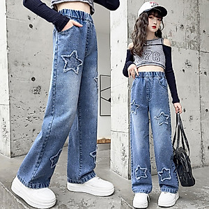 FLOWERKIDS Kids Girls Jeans Elastic Print Casual Baggy Denim Pants Straight Wide Leg Jeans Age 4-14 Years (12-13 Years, Blue - Star Print)