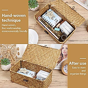 Seaweed Baskets with Lids: Seagrass Storage Woven Basket Straw Desktop Rattan 9 inch Hand- Woven Storage Basket Bins Container Organizer for Shelf Desktop Home Decor