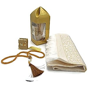 Muslim Gifts Hajj Hac Haji Gift Set Prayer Rug Janamaz Seccade Pearl Tasbeeh Prayer Beads and Pocket or Car Decor Mini Quran 3pcs/Set (Gold)