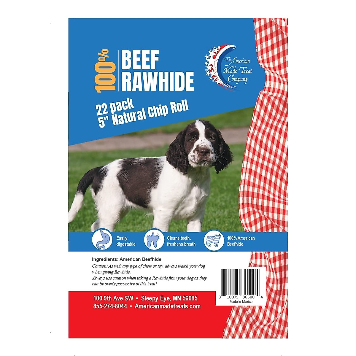 American Made Treat Co - Dog Treats, All Natural Flavor Beef Rawhide Chip Rolls, Puppies to Seniors, Dental Dog Bone Alternative - 5” Rolls -22 Pack