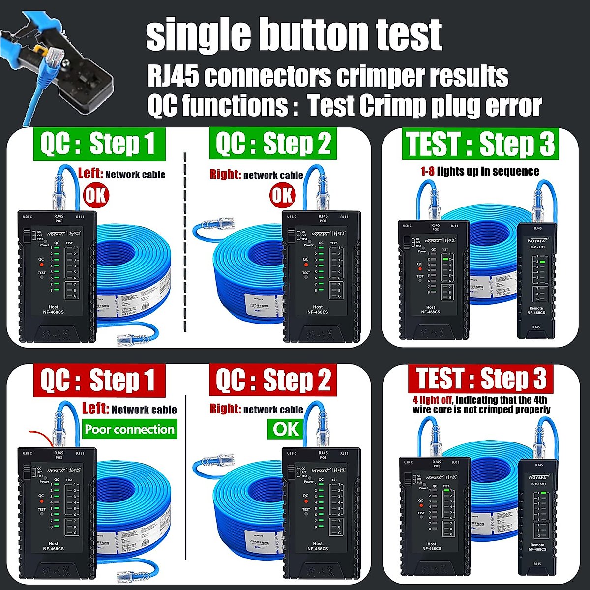 NOYAFA NF-468CS Network Cable Tester Telephone & Continuity Tester Ethernet Cable Mapper for RJ45/RJ11/RJ12/CAT5/CAT6/POE Test UTP/STP Network Test Tool (Black)