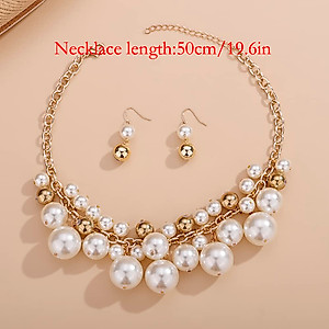 Wiwpar Women Statement Gold Short Chain Pendant Pearl Necklaces Chunky Faux Pearl Cluster Collar Bib Choker Necklace and Earrings Set for Women Gift