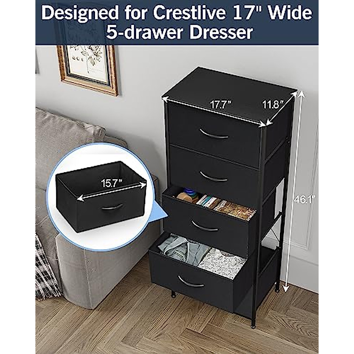 Crestlive Products Fabric Dresser Drawers with Wood Handles, Closet Storage Organizer Bin for Clothes Underwear Bras Socks, Foldable Containers for Bedroom, Hallway, Entryway - Set of 2, Black