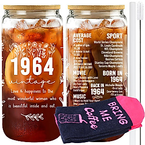 Jettryran 60th Birthday Gifts for Women Men 60th Birthday Decorations 1964 Vintage Iced Coffee Cup Gifts for Women 60th Birthday Party 20 Oz Coffee Cup and Socks