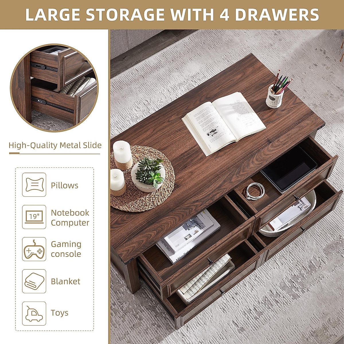 JXQTLINGMU 48" Coffee Table with 4 Large Storage Drawers, Modern Farmhouse Cocktail Table with Barn Door Design, Rustic Rectangle Center Table for Living Room, Office, Brown