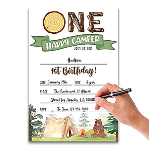 FujLoy Happy Camper Invitation, One Happy Camper Birthday Invitation, Camper Party Invitations cards.（069）