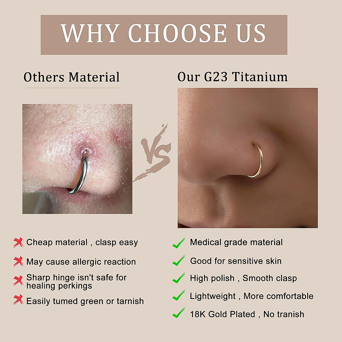 MILACOLATO 5Pcs G23 Titanium Nose Rings Hoops 16G/18G/20G Septum Hinged Nose Rings Clicker Rings for Lip Cartilage Daith Helix Rook Tragus Ear Lobe Earrings for Women Men Conch Piercing Jewelry 8MM