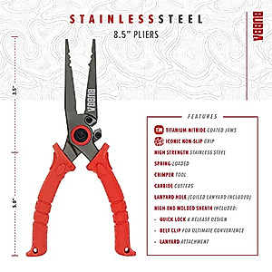 BUBBA 8.5" Stainless Steel Pliers with Non-Slip Handle, Spring Loaded with Crimping Tools and Anvil Cutters Lanyard Hole and Sheath