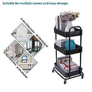 YOHKOH 3-Tier Metal Rolling Utility Cart, Storage Trolley Cart with Mesh Baskets and Lockable Wheels for Bathroom Kitchen Office (Dark Black)