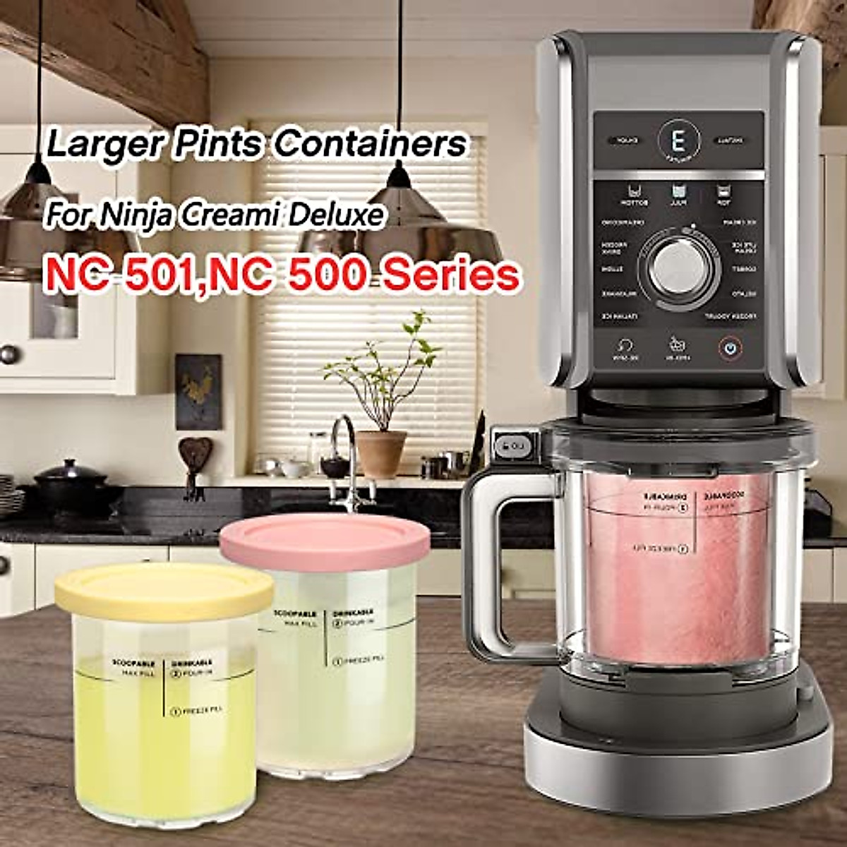 SLLFLY Replacement Pints and Lids for Ninja NC501 NC500 Series Creami Deluxe 2 Pack- Compatible with Ninja Creami Deluxe Ice Cream Maker (Yellow,Pink)