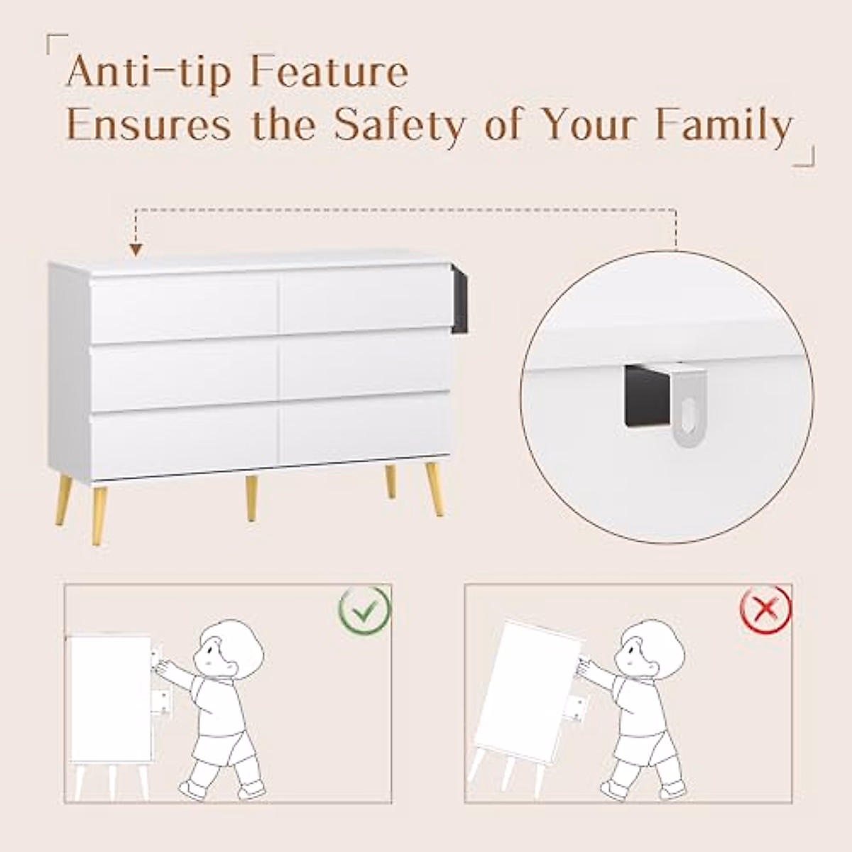 NUNU LAB Dresser for Bedroom Wooden with 6 Drawers, Chest of Drawers with Metal Rails for Bedroom, Living Room, Storage Cabinet, Closet, Hallway High Dresser, White