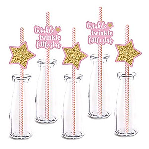 Pink Little Star Straw Decor, 24-Pack Girl Baby Shower Or Birthday Party Decorations, Paper Decorative Straws