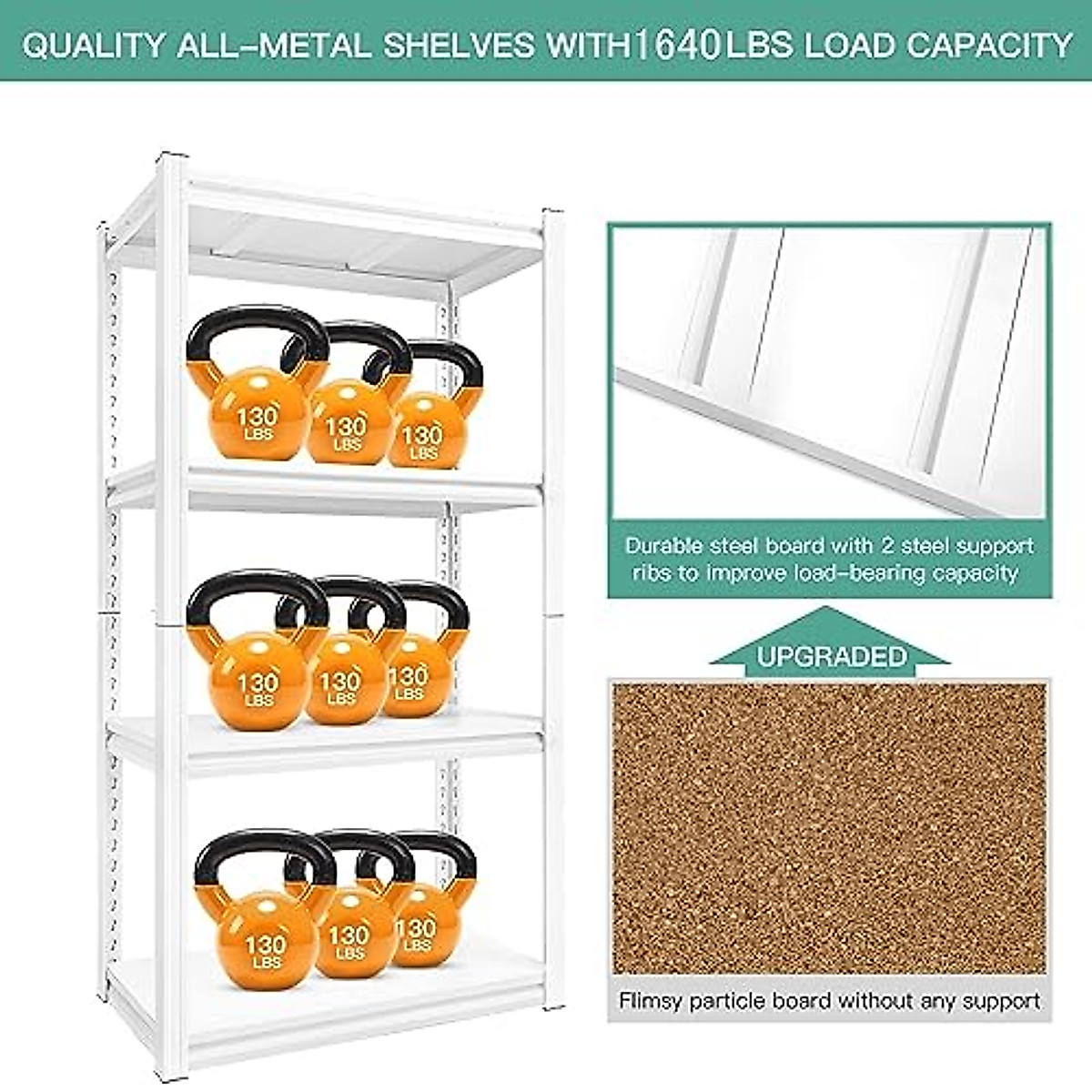 Raybee Garage Storage Shelves, Garage Shelving, 4 Tier Garage Shelves, Adjustable Heavy Duty Storage Shelves, Easy Assembly Metal Shelves for Storage, Kitchen, Pantry, White