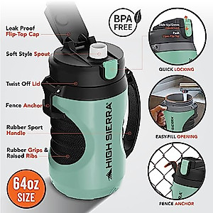 High Sierra - [BPA FREE] 64 OZ Insulated Water Jug, [Soft Spout – NO MORE TEETH BUMPS] Built-in Fence Anchor, Keeps Iced Water Cold for Hours, EXTRA LARGE Sports Bottle, Mint