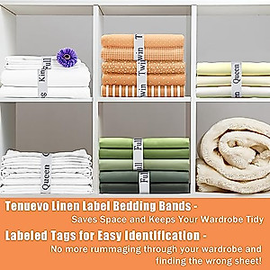 Tenuevo Bed Sheet Organizer Bands 4 Pieces- Closet Organization Sheet Straps, Upgraded Sheet Keeper, Linen Labels Bedding Bands, Elastic Bed Sheet Storage