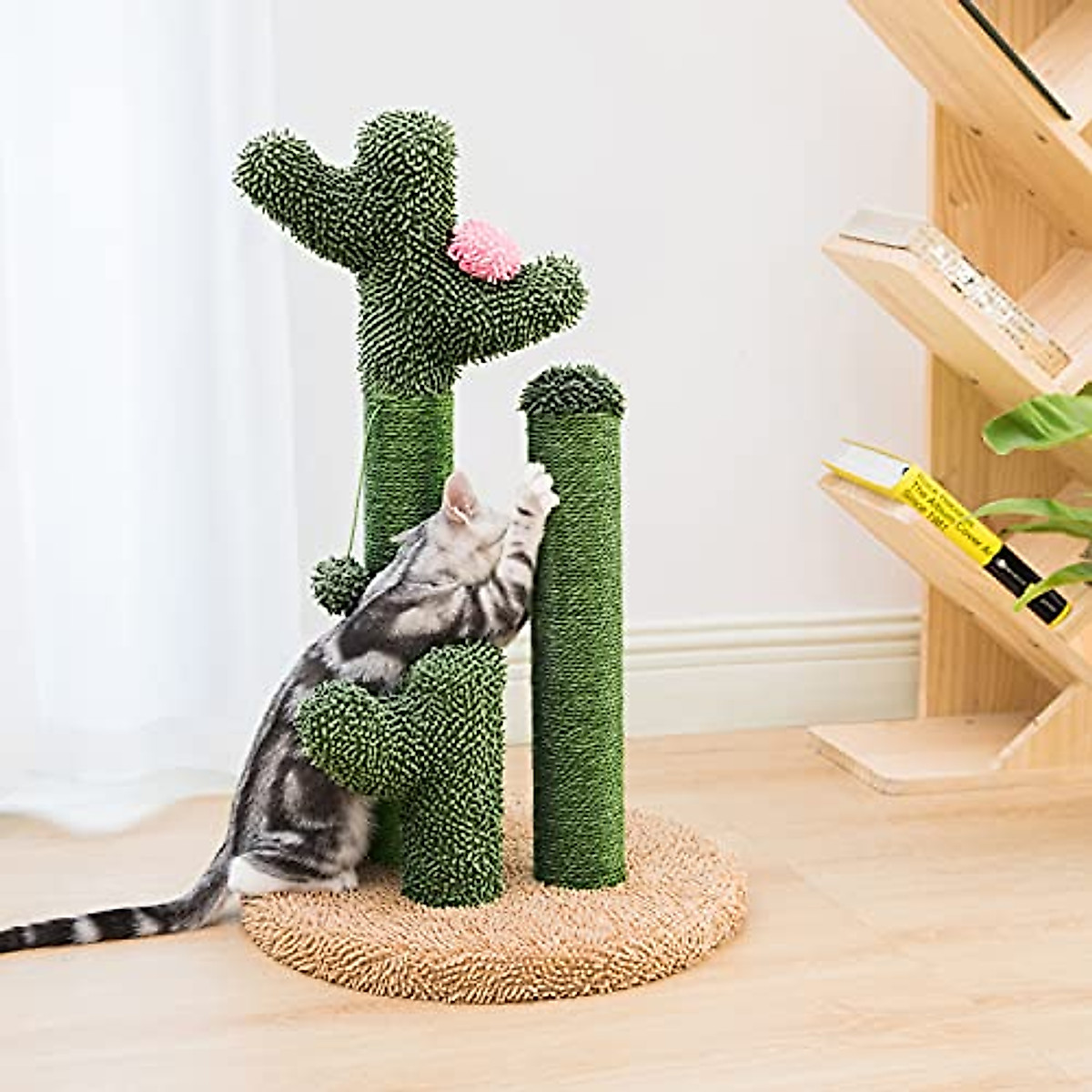 Pesofer Cactus Cat Scratching Post Cat Scratcher with 3 Scratching Poles, Flower Décor and Dangling Ball for Kitten, Adult Cats Large