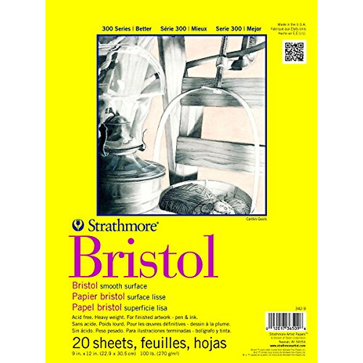 Strathmore 300 Series Bristol Paper Pad, Smooth, Tape Bound, 9x12 inches, 20 Sheets (100lb/270g) - Artist Paper for Adults and Students - Markers, Pen and Ink