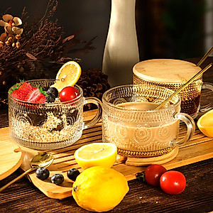 14oz Glass Coffee Mugs Cups , Overnight Oats Containers with Bamboo Lids and Spoons,Coffee Bar Accessories,Clear Embossed Tea Cups,Coffee Cups for Cappuccino, Latte,Christmas Thanksgiving Gift