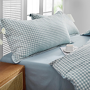 SAPHREAS Home Twin Light Blue Plaid Duvet Cover 100% Washed Cotton Soft Comforter Cover Simple Style 2pcs 1 Blue Grid Duvet Cover with Zipper Ties 1 Pillowsham