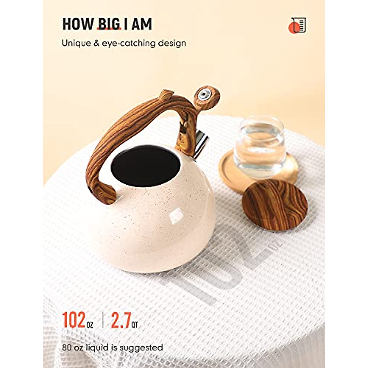 Tea Kettle, 2.7 Quart BELANKO Teapot for Stovetops Wood Pattern Handle with Loud Whistle Food Grade Stainless Steel Tea Pot Water Kettle - Cream White
