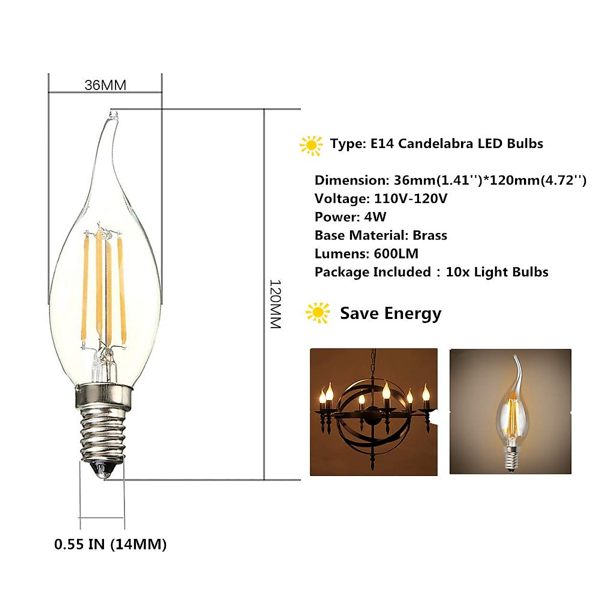 E14 Base LED Light Bulbs 4W CA11 Antique Candelabra Filament Candle Lamp Bulb, Energy Saving Warm White 2700K Vintage Style Flame Shape Bent Tip Bulb (10 Pack)