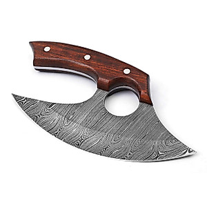 Super Knife Handmade Damascus Steel Ulu Knife - Fixed Blade knife for Chopping Boning Slicing Cutting ,Solid Rose Wood Handle with Leather Sheath, Wood,Steel