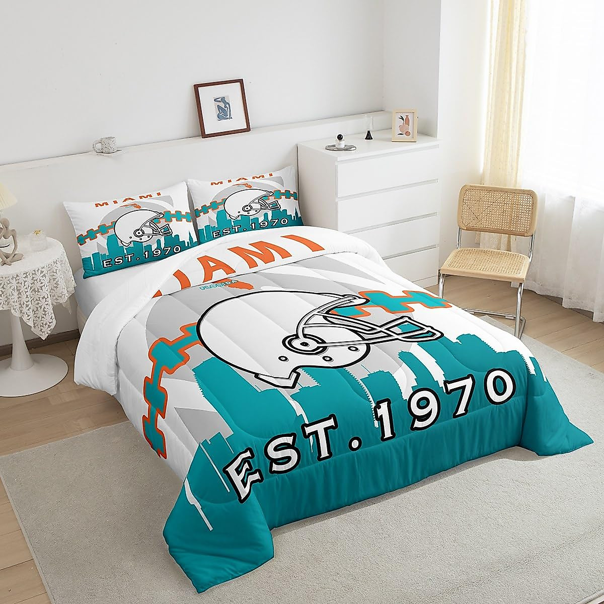 Erosebridal Sports Comforter Set Queen,Boys Football Bedding Set for Kids Boys Girls,Blue Orange Rugby Quilt Inner Fill,American Football City Down Comforter with 2 Pillowcases(Miami)