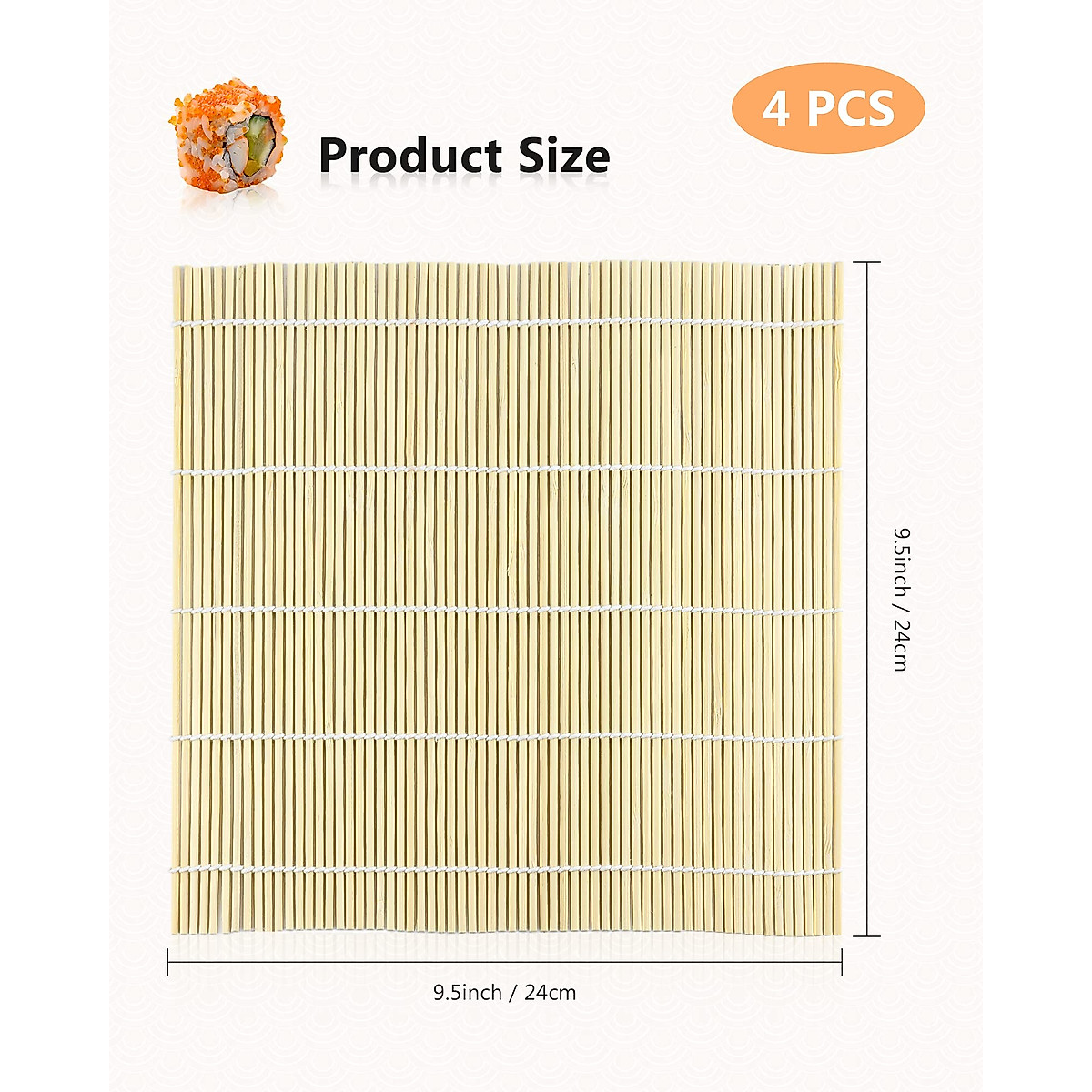 JIALEEY Bamboo Sushi Rolling Mat, 9.5x9.5 Inch, 4 PCS Set